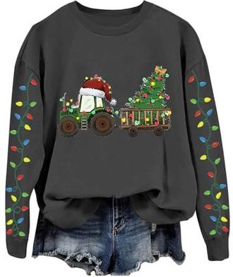 Generic Sweat-shirt de No&euml;l pour femme avec imprim&eacute; sapin de No&euml;l et col rond - Cardigan tendance &agrave; manches longues, gris fonc&eacute;, XXL