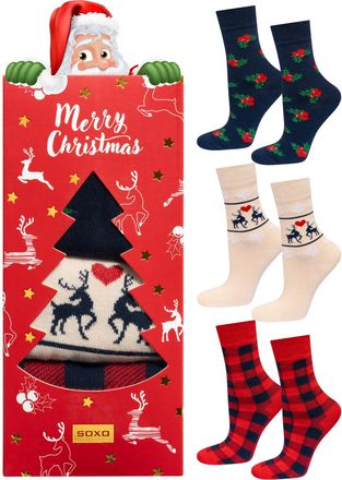 Soxo Weihnachts Socken f&uuml;r Damen Geschenk Socke in Geschenkbox Weihnachten 35-40 Rot 3 Paar