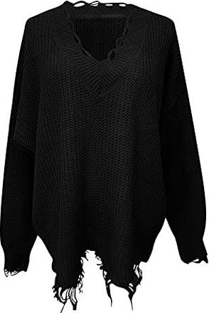 Generic Pull pour femme - Col en V - Manches longues creuses - Couleur unie - Pull ample et léger - Pull en tricot décontracté pour femme, Noir, 3XL