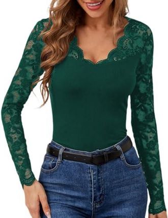 Generic Haut de sortie en dentelle pour femme - Haut &agrave; manches longues tendance - Pull d&eacute;contract&eacute; &agrave; manches longues - Coupe ajust&eacute;e - Confortable - Haut cour