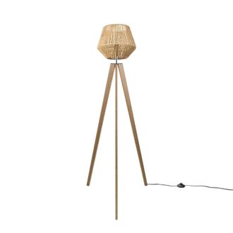Paco Home Stehlampe Modern Wohnzimmer Schlafzimmer Rattan Optik Boho Korb Stehleuchte E27, Lampenfuß: Stehleuchte Holz, Lampenschirm: Natur (Ø33 cm)