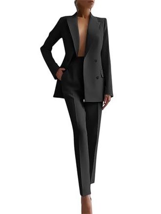 Generic Tenue deux pi&egrave;ces pour femme : blazer &agrave; double boutonnage et pantalon &agrave; jambe droite, look d&eacute;contract&eacute; &eacute;l&eacute;gant, Noir, XXL