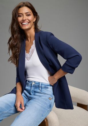 Laura Scott Longblazer LAURA SCOTT, Damen, Gr. 36, navy, Web, Obermaterial: 90% Polyester, 10% Elasthan. Futter: 100% Polyester, unifarben, figurbetont h&uuml;ftbedeck