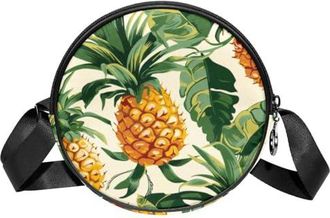 Generic Sac &agrave; bandouli&egrave;re rond pour femme, motif feuilles de palmier, ananas, petit sac &agrave; bandouli&egrave;re avec fermeture &eacute;clair, bretelles r&eacute;glables, sac &agrave; main r