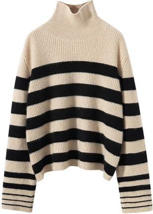 Generic Pull &agrave; col roul&eacute; pour femme - Pull dhiver chaud en tricot fin ray&eacute; &agrave; col haut - Pull &eacute;l&eacute;gant pour lautomne et lhiver, Noir, taille unique