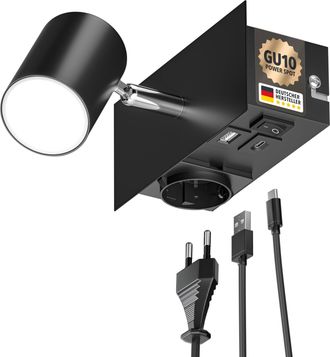 LEDs Com Wandspot WAIKA, 1-flammig, schwarz, Steckdose, USB-C, USB-A, inkl. LED GU10 Lampe, 3-Stufen-Dimmer, 609lm, wei&szlig;