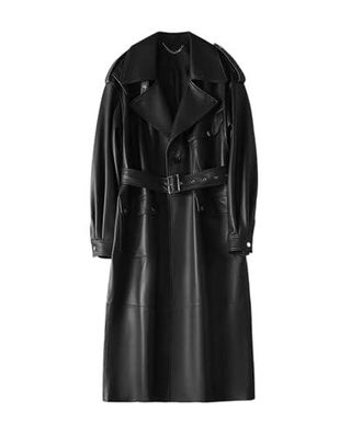 Generic Trench-coat en cuir v&eacute;ritable pour femme - Grande veste &agrave; revers en peau de mouton longue et &eacute;paules tombantes &agrave; lacets, Noir, S