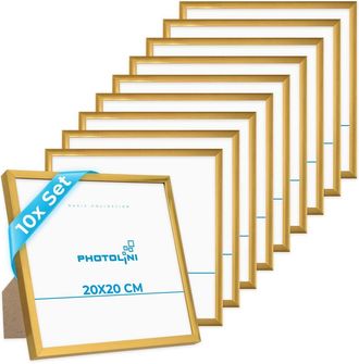 Photolini Bilderrahmen 20x20 cm Gold, 10er Set Kunststoff-Rahmen schmal, bruchsicheres Acrylglas, zum Aufstellen und Aufhängen, extra Zubehör - Dokumentenrahmen