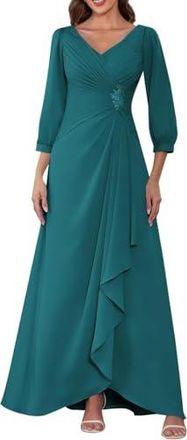 Generic Robe de mère de la mariée en mousseline de soie plissée à manches 3/4 pour femme, paon, 50 Grande taille