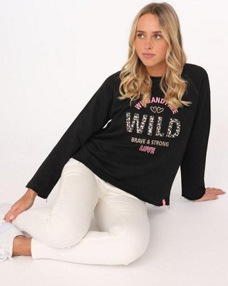 Zwillingsherz Sweater Wild and Free mit Used-Look Kanten, Leo Details und Stickerei