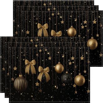 Generic Elegante schwarze und goldene Weihnachts-Tischsets, festliche dekorative Tischsets f&uuml;r Urlaub, Esszimmer, rutschfest, waschbar, f&uuml;r drinnen und drau&szlig;e