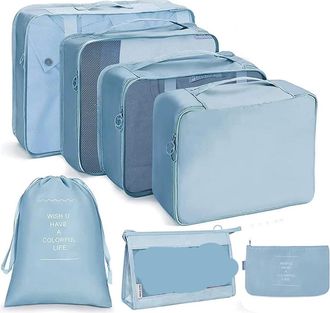 Generic 7-teiliges Reise-Aufbewahrungstaschen-Set, Koffer-Packw&uuml;rfel, Handgep&auml;ck, Kleider- und Schuh-Organizer-Taschen, faltbar(7 Pcs Lake Blue 1)