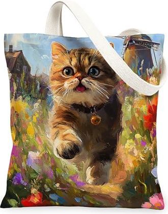 Generic Sac fourre-tout en toile motif chat exotique &agrave; poils courts pour le shopping, 33 x 38 cm, sac d&eacute;picerie r&eacute;utilisable pour femme, motif floral amusant,