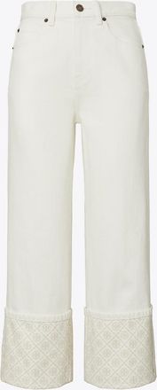 Tory Burch Damen Jeans mit T-Monogramm, kontrastierendem Umschlag und geradem Beinschnitt