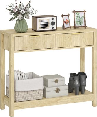 HOMCOM Moderner Konsolentisch mit geriffelten Paneelschubladen, schmaler Flurtisch mit Ablage für Eingangsbereich, Wohnzimmer, 90 x 30 x 76 cm, Naturholz-Fin