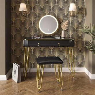 Vicco Coiffeuse Grace, Noir Haute Brillance, 100 cm avec &eacute;clairage LED et Tabouret