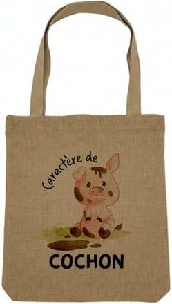 Fabulous Sac Shopping Tote Bag Aspect Lin - Caract&egrave;re de Cochon Humour Expression - Sac de Courses Toile Epaisse 360g Beige Naturel Cabas Port&eacute; Epaule Solide I