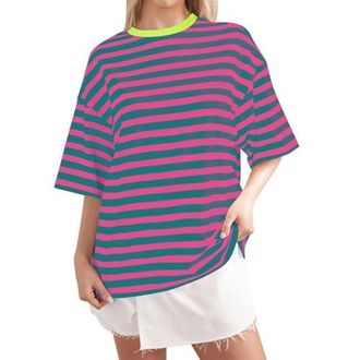 Generic T-shirt &agrave; rayures d&eacute;contract&eacute; pour femme avec col rond et manches courtes pour le printemps. T-shirt ray&eacute; minimaliste et confortable, Rose, XXL