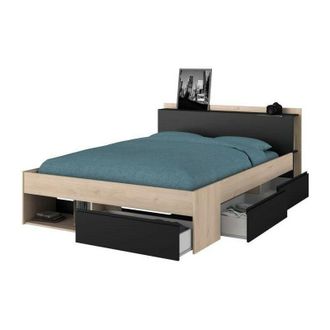 Parisot Lit adulte combo 140x190/200 cm - Chene et noir - 3 Tiroirs