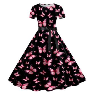 Generic Damen Karneval Kleid Vintage 50er Jahre Rockabilly Kleid Kurzarm A-Linie Partykleid Bunt Masken Druck Faschingskost&uuml;m Outfit mit G&uuml;rtel