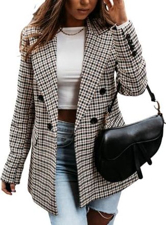 Generic Femme Blazer Veste Blazer &Agrave; Carreaux Pied-De-Poule pour Femme Revers Crant&eacute;s Coupe Boyfriend Style Slim Id&eacute;ale pour Le Bureau Ou Les Occasions Profess