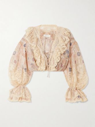 Zimmermann Haut En Lin Et Soie M&eacute;lang&eacute;s &Agrave; Imprim&eacute; Fleuri, Volants Et Lacets Rebellion - Cr&egrave;me