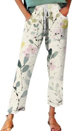Generic Pantalon Lin Femme Ete Fluide Large Elegant Pantalon D&eacute;contract&eacute; et Confortable en Coton et Lin Imprim&eacute; V&eacute;g&eacute;tal pour Femme avec Deux Poches L&eacute;ger Jupe