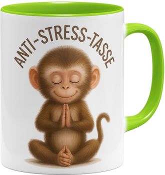 OM3 &Auml;ffchen Anti-Stress KAffe-Tasse mit Spruch - lustige Keramiktasse Namaste-Motiv - Meditation Affe - Keramik Becher - 325ml - Beidseitig Bedruckt - Hel