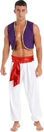 dPois Homme Déguisement Arabe Gilet Pantalon Costume Arabe Roi Prince Carnaval Partie Fête Jeux de Rôle B Rouge XXL