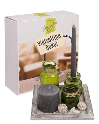 Out of the Blue Dekoteller Holz wei&szlig;-Natur - Ma&szlig;e 20 &times; 20 cm - Deko-Set mit Glasvase, Kerzen & Steinen - Stilvolle Tischdeko - Ideale Geschenkidee