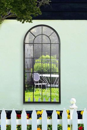 MirrorOutlet Großer Gartenspiegel, mehrgetäfelt, gewölbt, 140 x 65 cm, Schwarz