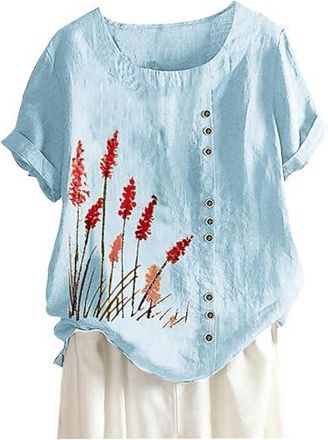 Generic T-shirt pour femme avec broderie r&eacute;tro en coton et lin - Chemise d&eacute;contract&eacute;e &agrave; manches courtes, bleu clair, 3XL