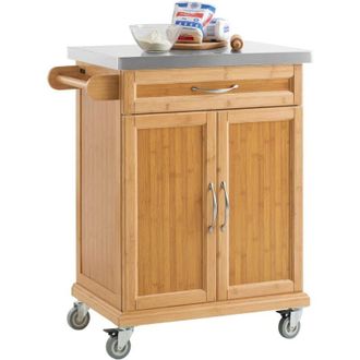 SoBuy Desserte Chariot de cuisine de service roulant, Meuble Armoire de rangement cusine sur roulettes en bambou, Plateau en Acier Inox L66cmxH90cmxP46cm