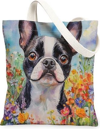 Generic Sac fourre-tout en toile motif chien terrier de Boston pour faire du shopping, 33 x 38,1 cm, sac d&eacute;picerie r&eacute;utilisable pour femme, sac d&eacute;picerie r&eacute;ut