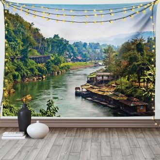 Abakuhaus Osten Wandteppich, Fluss Kwai Wohnhaus Tropenhaus Thailand Dorf Attraktionen Szenerie, aus Weiches Mikrofaser Stoff Wand Dekoration Für Schlafzimmer, 
