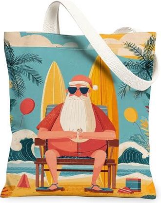 Generic Sac fourre-tout en toile motif P&egrave;re No&euml;l tropical, sac &agrave; provisions r&eacute;utilisable, l&eacute;ger et lavable avec bandouli&egrave;re, bleu, 13x15 Inch