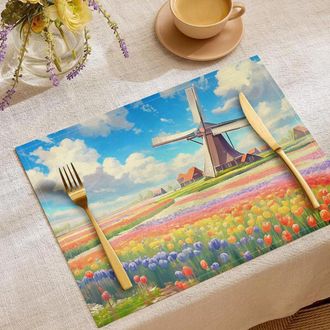 Generic 8 Tischset Mit Windmühle, Tulpen 45X30Cm Retro Tischsets Mit Ostern Illustration Für Esstisch Rustikale Zuhause Tischsets Waschbar Für Frühling Sommer