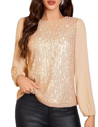 Dresstells Chemisier &agrave; paillettes pour femme avec col rond, manches longues, haut scintillant pour les f&ecirc;tes, les cocktails et les occasions festives, champagne,