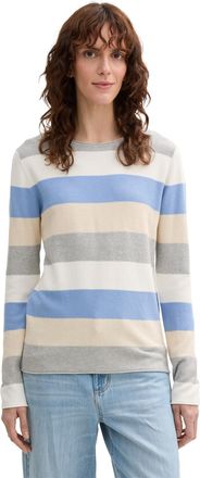 Tom Tailor Damen 1042952 Pullover mit Struktur, 37224-beige Blue Block Stripe, XXL