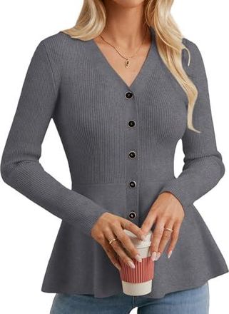 Grace Karin Cardigans pour femme &eacute;l&eacute;gants &agrave; col V, manches longues, avec boutons, coupe ajust&eacute;e, pour lautomne et lhiver, gris, S