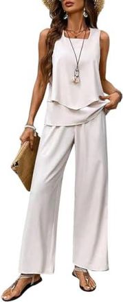 TOMWELL Ensemble Femme 2 Pi&egrave;ces Col Carr&eacute; sans Manches Top + Jambes Larges Pantalons Set D&eacute;t&eacute; Loungewear Outfit A Abricot M