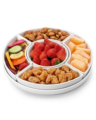 Malacasa Snackteller, 6-teilig Snack Platte Porzellan mit Dipschalen & Snacktablett, Servierplatten mit Fächern für Party Häppchen, Chips, Dips, Obst, Gemüse, 