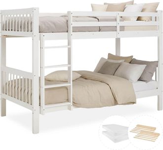Homestyle4u Etagenbett f&uuml;r 2 Kinder 90x200 mit Matratze Wei&szlig; teilbar Doppelstockbett mit Treppe Hochbett Kinderbett Kiefer Holz massiv