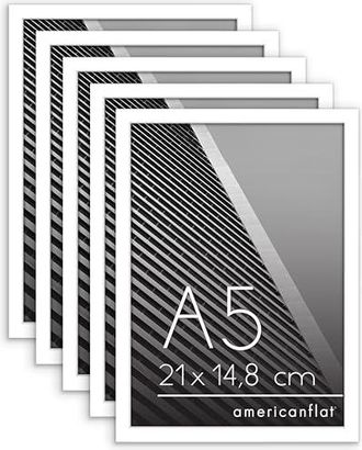 Americanflat Din A5 Bilderrahmen Set aus Kunststoff (5er Pack) - schmaler Fotorahmen mit bruchsicherer Scheibe - inklusive Ständer und integrierter Aufhängung für 