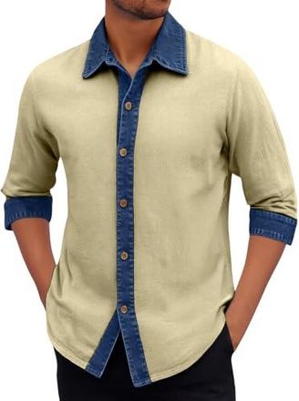 Generic Chemise habill&eacute;e pour homme adulte boutonn&eacute;e en denim patchwork &agrave; manches longues, coupe droite, chemise daffaires, col &agrave; revers, haut formel, tendanc