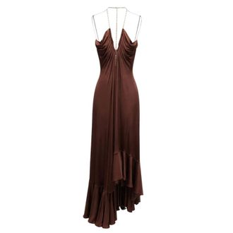 Amen Femme, Robes, Brun, Taille: 34 FR Robe Midi &agrave; Col en V et Bas P&eacute;plum Asym&eacute;trique