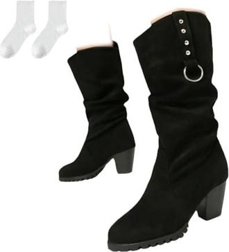 Generic Bottes Dhiver Pour Femmes &Agrave; Talon Carr&eacute;, Bottes Mi-Mollet Tendance Aspect Daim Avec Design Pliss&eacute; Et Anneau M&eacute;tallique, Chaussures Confortables Enfile