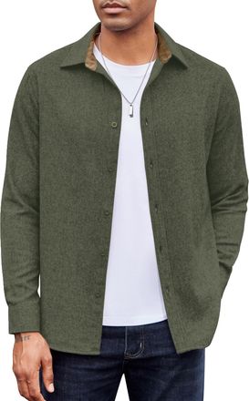 Coofandy Herren Cord Hemd Langarm Baumwolle Warm Casual Freizeithemden Button Down Hemdjacke Armeegrün XXL