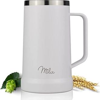 Milu chope de bière acier inoxydable | Verre à bière blanche isolant reste fraîche | Tasse à boire avec couvercle amovible | cadeau pour hommes (700ml, Bla