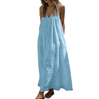 Generic Robe de vacances d&eacute;t&eacute; pour femme en coton l&eacute;ger avec col en V et noeud dans le dos, robe d&eacute;t&eacute; fluide sans manches avec poches, v&ecirc;tement de voyage, ble